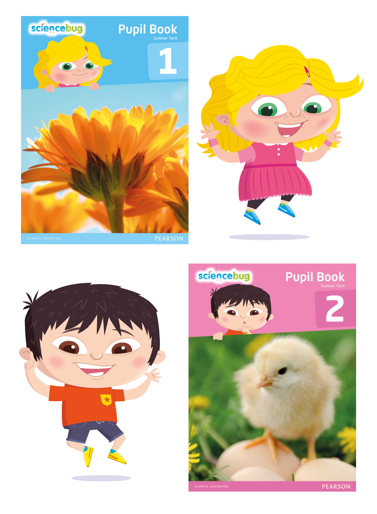 Pupil Books 1 and 2 with their corresponding characters from Science Bug