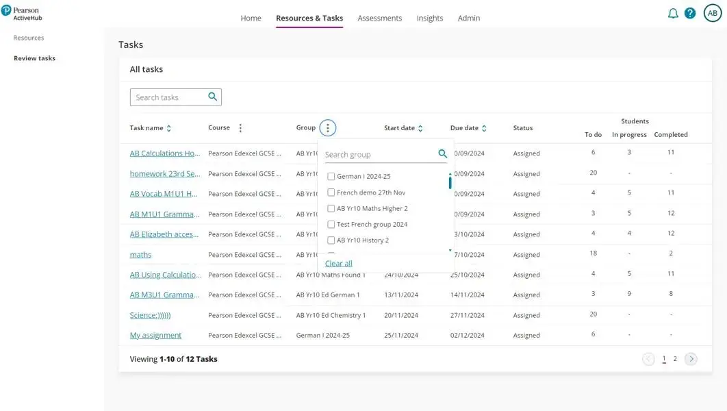 Resources: student's 'My Tasks'