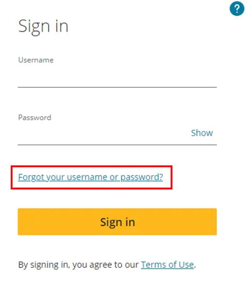Login screen. Red highlight around 'Forgot your username or password?'